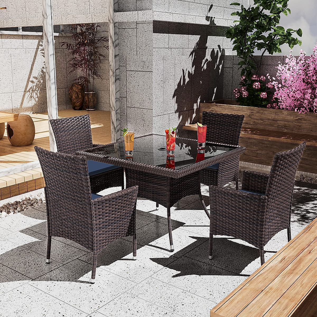 ASJMR 5 Pieces Dining Sets for 4 with Rattan Wicker Dining Set Chairs and Square Table Glass Top with Umbrella Cutout, Outdoor and Indoor Set for Patio, Backyard, Garden, Poolside, Kitchen-Dark Blue