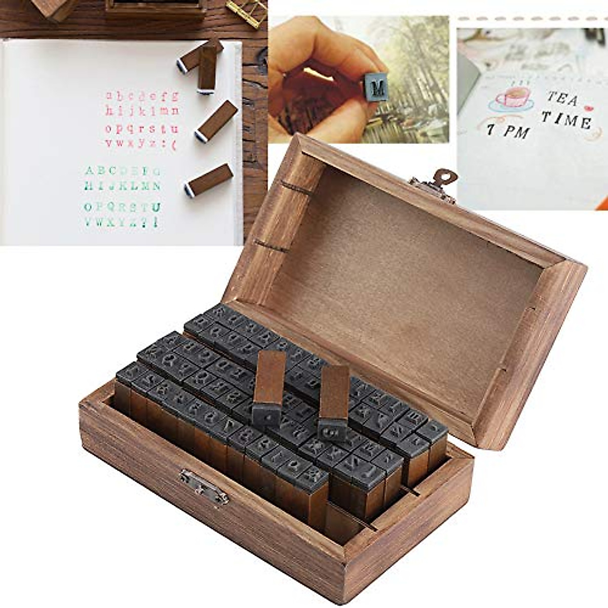 Letter Rubber Stamps, Wood Rubber Stamps Small Protable Number Letter and Symbol Stamp Set with Vintage Wooden Boxe for Learning Alphabet for Photo Album