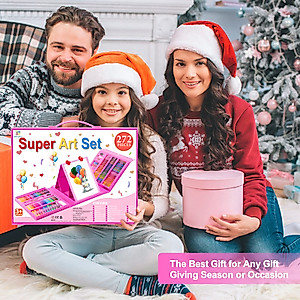 Art Supplies, 272 Pack Art Set Drawing Kit for Girls Boys Teens Artist, Deluxe Gift Art Box with Trifold Easel, Origami Paper, Coloring Book, Drawing Pad, Pastels, Crayons, Pencils, Watercolors(Pink)