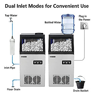 ROVSUN Commercial Ice Maker 110lbs/24h Automatic Built-in Stainless Steel Under Counter/Portable Freestanding for Restaurant Bar with 24lbs Storage, Connection Hoses & Ice Scoop