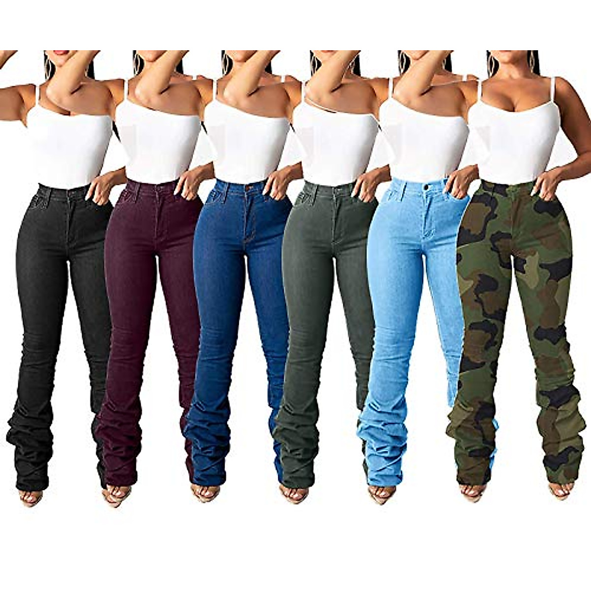 Vakkest Women's Flare Jeans Stacked Pants High Waist Bootcut Classic Casual Bell Bottoms Denim Leggings Plus Size