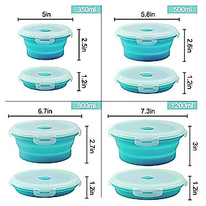 ULEE Silicone Collapsible Food Storage Containers,Set of 4 Round Folding Silicone Lunch Box,Microwave and Freezer Safe (Blue, Round)