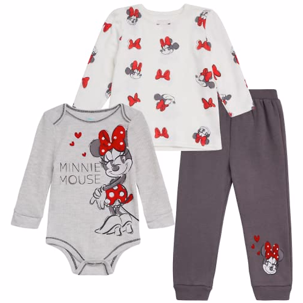 Disney Baby Girls' Jogger Set - 3 Piece Bodysuit, Long Sleeve Shirt Fleece Pant Set: Minnie Mouse, Winnie the Pooh (0-4T), Size 3T, Minnie Red/Charcoal
