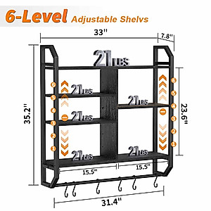 Nidouillet Gaming Floating Shelves, Large LED Wall Mounted Display Shelf, Adjustable Hanging Pipe Shelf Bookshelf with Lights 6 Hooks for Game Living Room Bedroom Coffee Bar Kitchen Decor Black