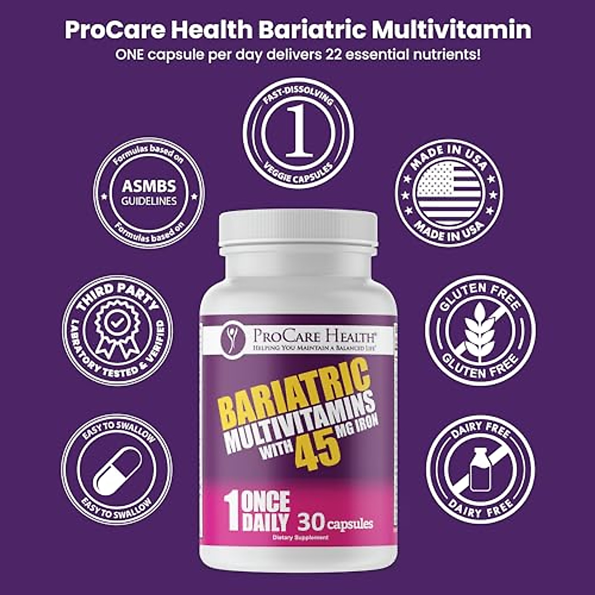 ProCare Health | Bariatric Multivitamin | 45mg Iron | Capsule | 30 Count | 1 Month Supply
