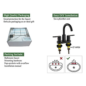 TimeArrow Matte Black Two Handle Centerset Bathroom Sink Faucet with Pop up Drain, High Arc Modern 4 Inch Bathroom Vanity Lavatory Faucet 3 Holes with Brass 360° Swivel Spout, TAF067E-MB