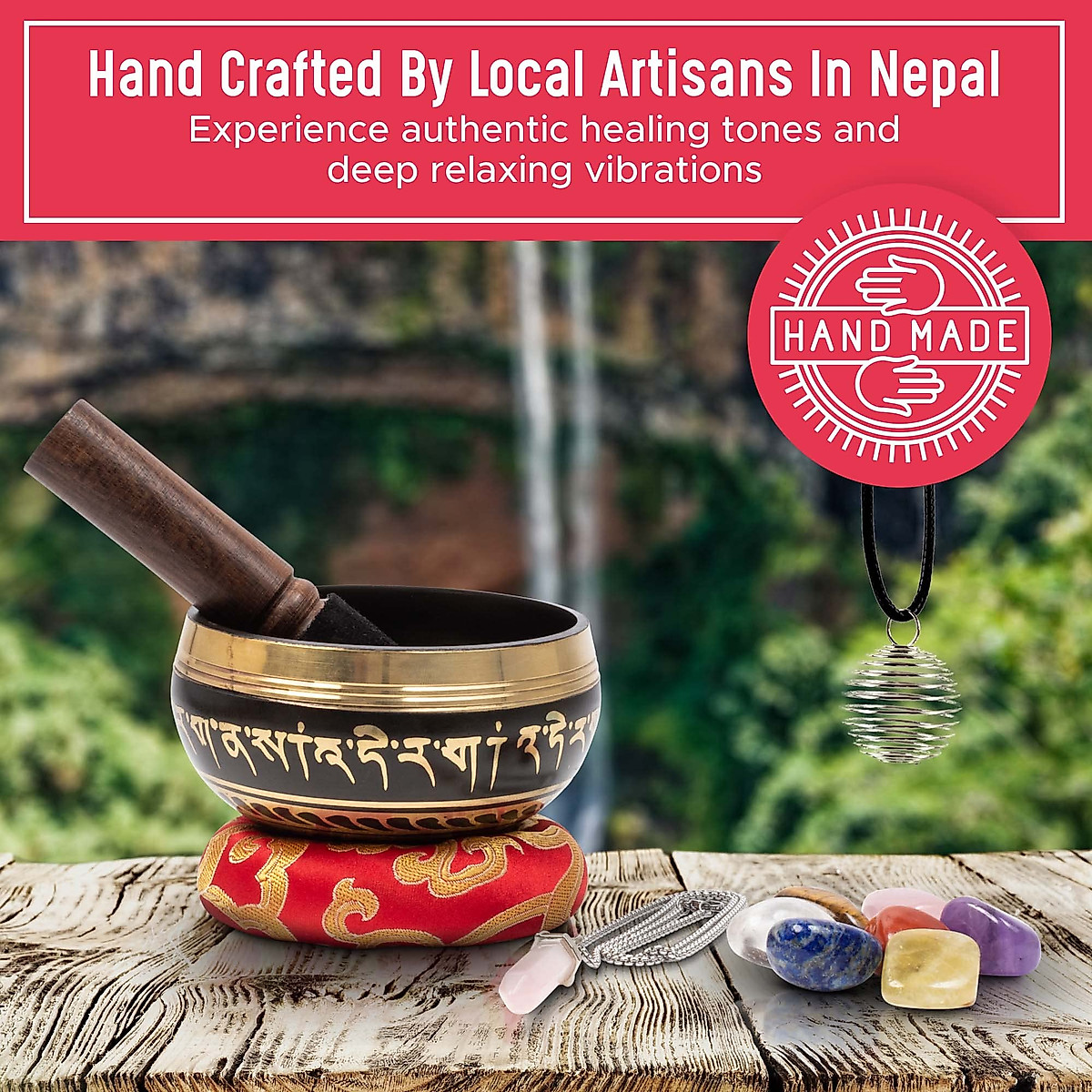 Tibetan Singing Bowl Set -Rose Quartz Pendant - 7 Chakra Crystal stones with Cage Necklace- For Meditation, Mindfulness, Yoga and Spiritual Healing and Energy Cleansing (3.5", Red)