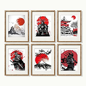 YUMKNOW Japanese Art Wall Decor - Unframed 8x10 Set of 6, Modern Minimalist Asian Oriental Decor for Living Room, Samurai Armor Warriors Prints Posters for Bedroom, Japan Red White Art Office Gifts