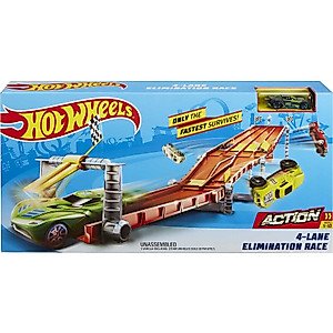 Hot Wheels Toy Car Track Set, 4-Lane Elimination Race with Fair-Start Launcher & 1 Toy Car in 1:64 Scale