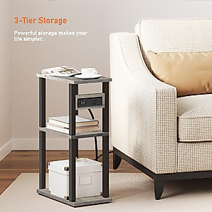 TUTOTAK Small Narrow Side Table with Charging Station, Skinny End Table for Small Spaces, Slim Nightstand with USB Ports and Outlet, Sofa Beside Table with Wheels, Greige TB01BG046