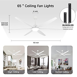 Wozzio 65 Inch Ceiling Fan with Lights and Remote,6 Blades,Reversible,6 Speed Noiseless DC Motor,Large Ceiling Fan White for Indoor Outdoor Bedroom/Patios/Farmhouse