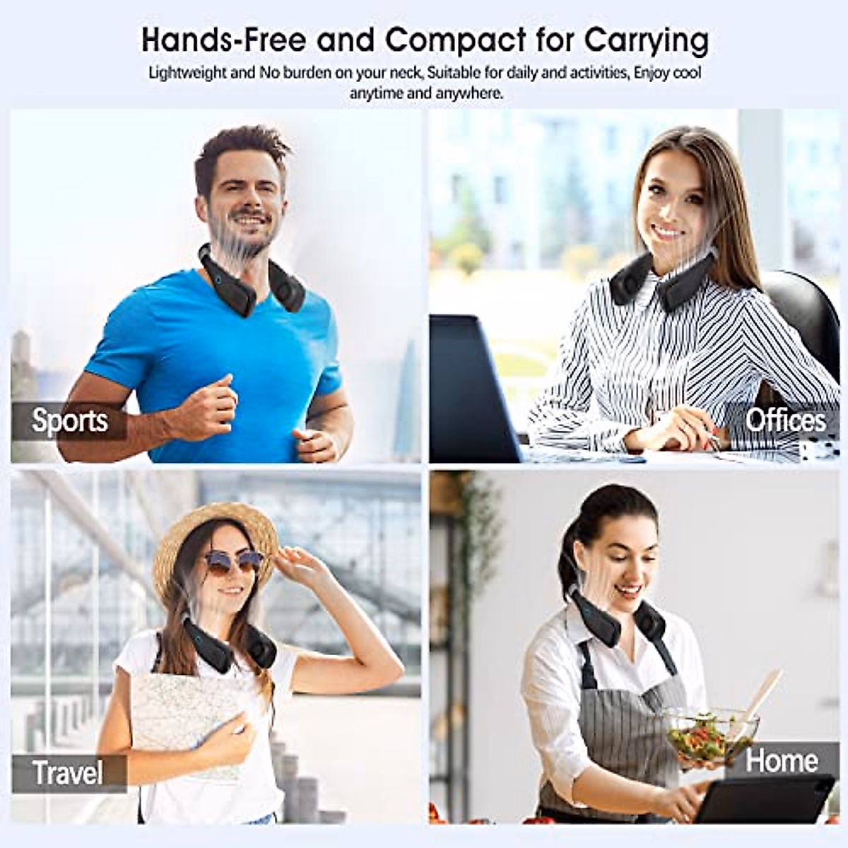 YUSSOT Portable Neck Fan, Hands Free Bladeless Fan Rechargeable, Battery Powered Wearable Personal Fan, Low Noise, 360° Cooling Personal Hanging Fan with 3 Speed, Perfect for Outdoor Indoor, Black