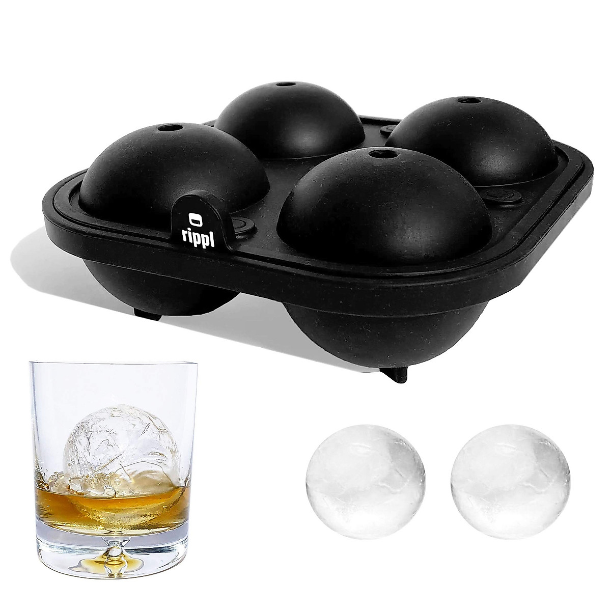 Rippl Ice Sphere Tray - Silicone Ice Tray with 4 Cavity Sphere Ice Cube Mold - Will Make Big Ice Spheres For Whiskey - In Black