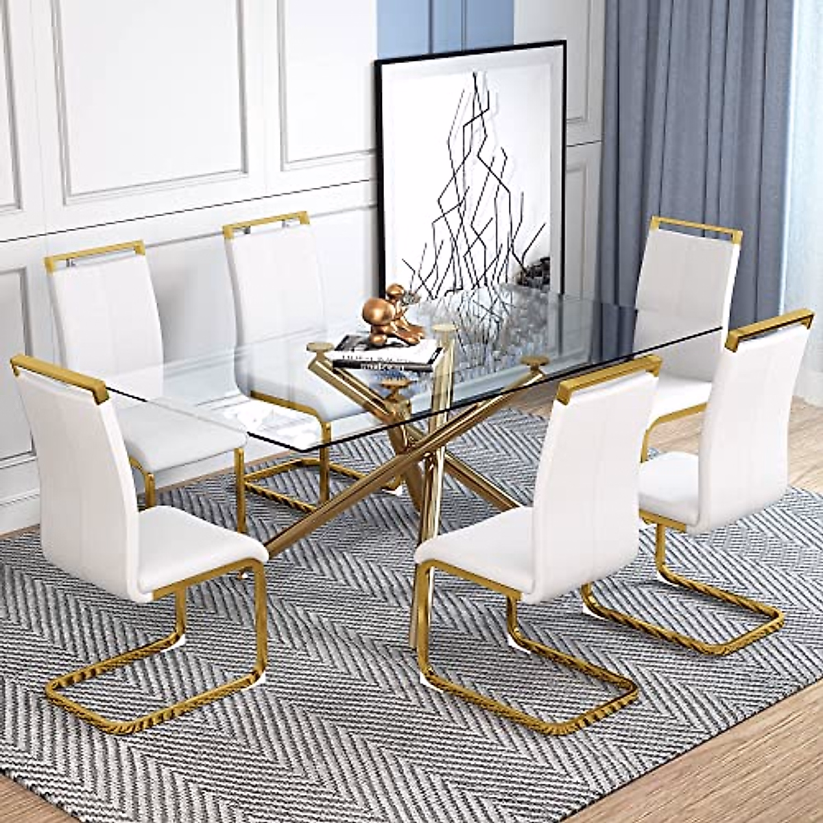 71 inch Glass Dining Table with Clear Rectangular Glass Top, 4 Chrome Golden Legs Modern Rectangular Glass Kitchen Table Furniture for Home Office Kitchen Dining Room, 6-8 People
