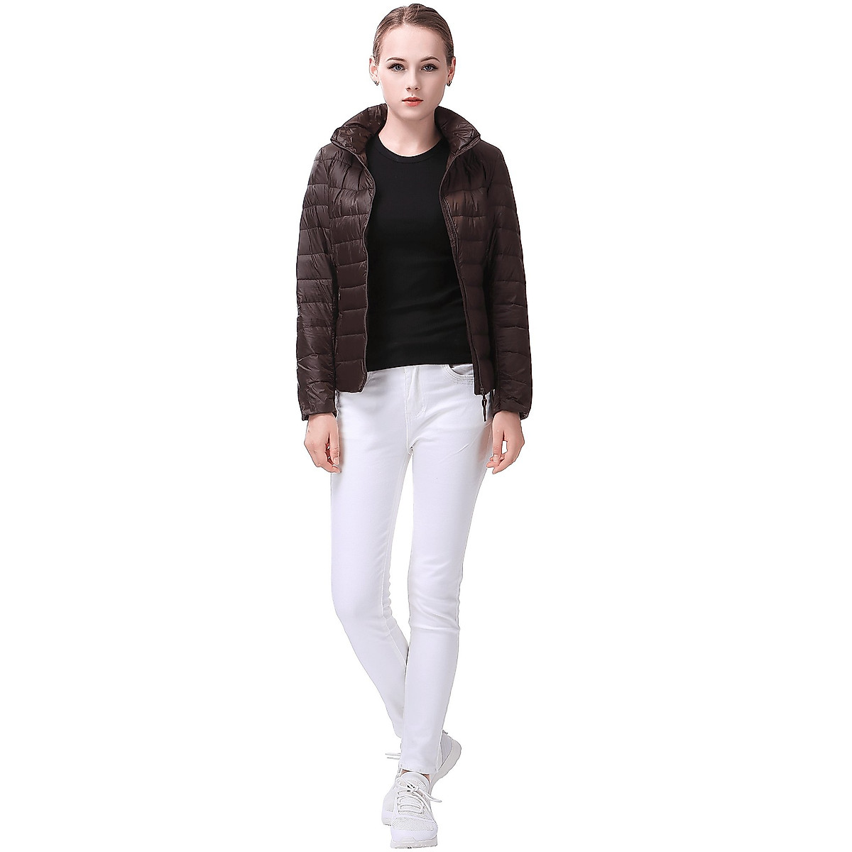 Miya Women's Packable Ultra light Weight Short Down Jacket Coat Stand collar-01Coffee Medium