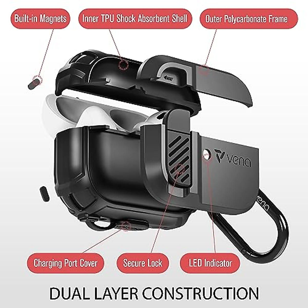 VENA vArmor Rugged Case for Apple AirPods Pro 2, (Secure Lock Mechanism) Heavy Duty Full Body Shockproof Protection Cover with Carabiner for AirPods Pro 2nd Generation 2022 - Graphite Gray/Black