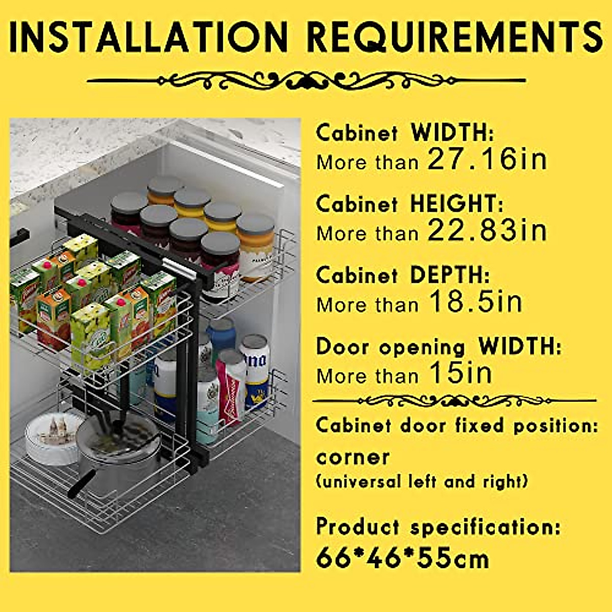 Blind Corner Cabinet Pull Out, 15in opening Soft Close Heavy Duty Kitchen Corner Cabinet Organizer, 4 chrome plated storage baskets, for cabinets Minimum size: 18.89"D*27.16"W*22.83"H