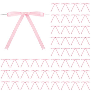 Riceshoot 50 Pcs Twist Tie Bows 5x7 Inch Satin Ribbon Bows for Gift Wrapping Cake Treat Bags Craft DIY Gift Wedding Baby Shower Birthday Party(Pink)