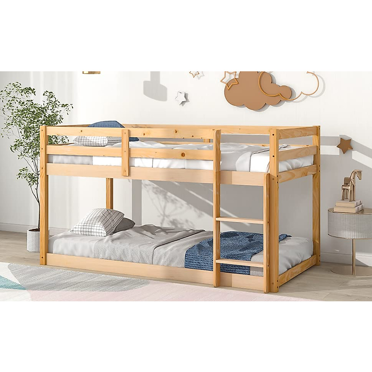 Tidyard Twin Over Twin Floor Bunk Bed,Natural for Bedroom Dorm Guest Room Home Furniture