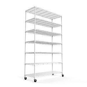 Heavy-Duty Wire Shelving Unit - 7-Tier, 2450lbs Capacity, NSF Certified, Adjustable Metal Storage Rack with Wheels & Liners, 82"H x 48"L x 18"D - Ideal for Kitchen, Garage, Closet, Basement - White