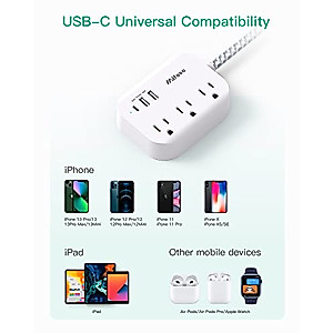 Cruise Essentials - Flat Plug Power Strip with 3 Outlets 3 USB Ports(1 USB C Poiwer Delivery 20W), 5ft Braided Extension Cord, Compact for Cruise Ship, Travel, Home and Dorm