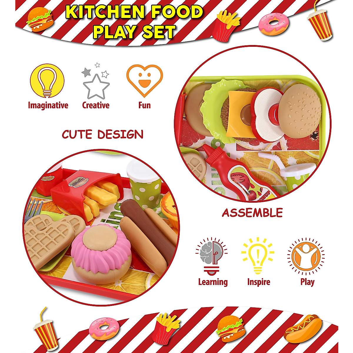 Mozlly Kitchen Food Playset - Cute Fast Food Playset with Trays, Plates, Fork, Soda Cup - Deluxe Fast Food Toy Set for Kids for Pretend Play Snack Parties, and Birthday Surprise Gift Play Food Set