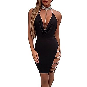 Women's Sexy Deep V Neck Backless Bodycon Dress Halter Neck High Slit Lace Up Mini Night Club Dress (Black, M)