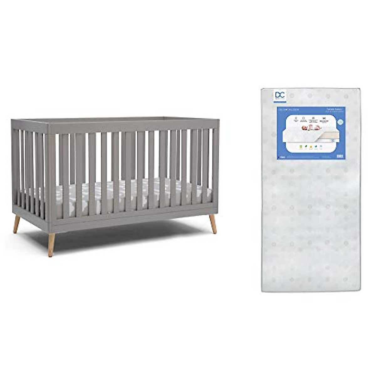 Delta Children Essex 4-in-1 Convertible Baby Crib, Grey with Natural Legs + Delta Children Twinkle Galaxy Dual Sided Recycled Fiber Core Crib and Toddler Mattress (Bundle)