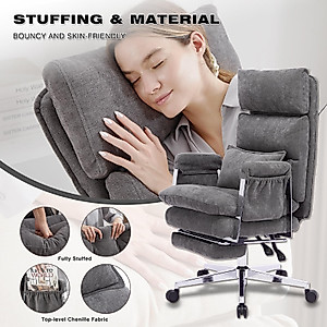 TUKAKA Big and Tall Fabric Computer Chair,Full Stainless Steel Comfy Ergonomic Home Office Chair with Foot Rest, Cute Chenille High Back Reclining Chair with Springs Cushion,Lumbar Support(Koala Gray)