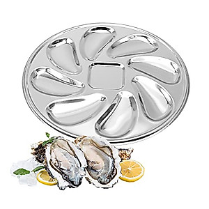 UOIENRT 3 Pack Oyster Plate, Stainless Steel 8 Slots Oyster Grill Pan with Center Slot Multi-Functional Grill Pan for Oysters and Scallop, Sauce and Lemon(Silver)
