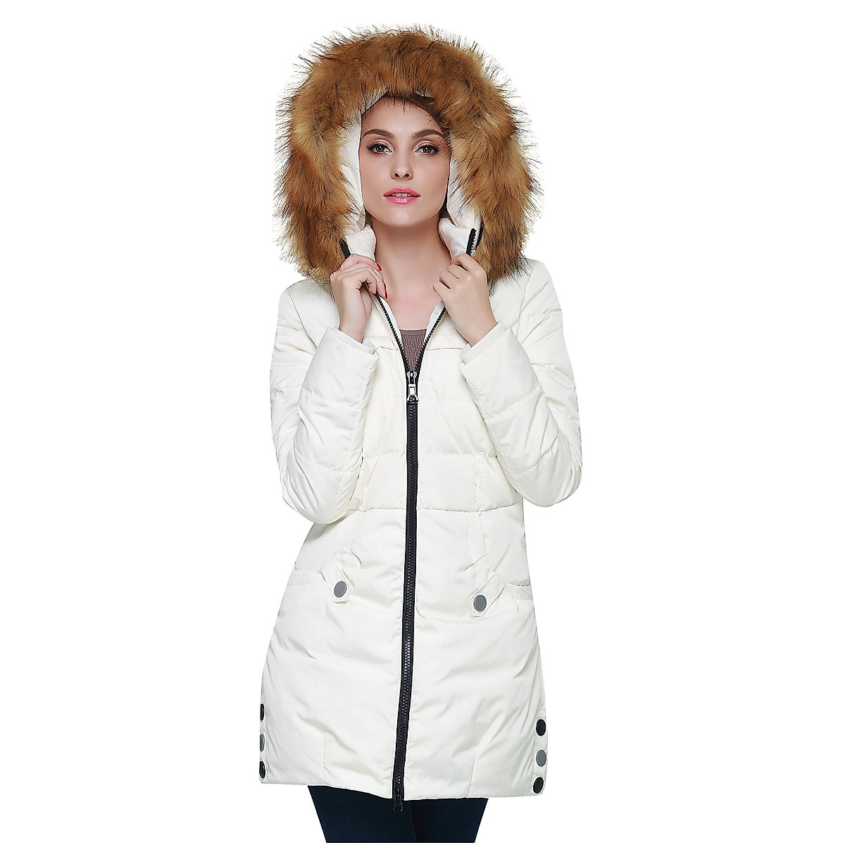 Orolay Women's Down Jacket with Faux Fur Trim Hood Beige L