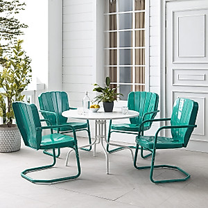 Crosley Furniture Ridgeland 5-Piece Outdoor Dining Set for 4, Retro Metal Round Patio Table and Chairs, Turquoise Gloss
