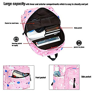Junlion Dream Unicorn School Bag Kids 3-in-1 Bookbag Set, Laptop Backpack Lunch Bag Pencil Case Gift for Teen Girls Womens (Pink)