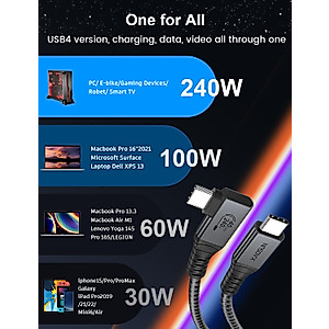 XAOSUN 240W USB 4 Cable for Thunderbolt 4, Right Angle Thunderbolt 4 Cable 90 Degree, 240W USB C to USB C Cable with 40Gbps Data, 8K@60Hz Display, for Thunderbolt MacBook Docks eGPU Hub 3.3ft