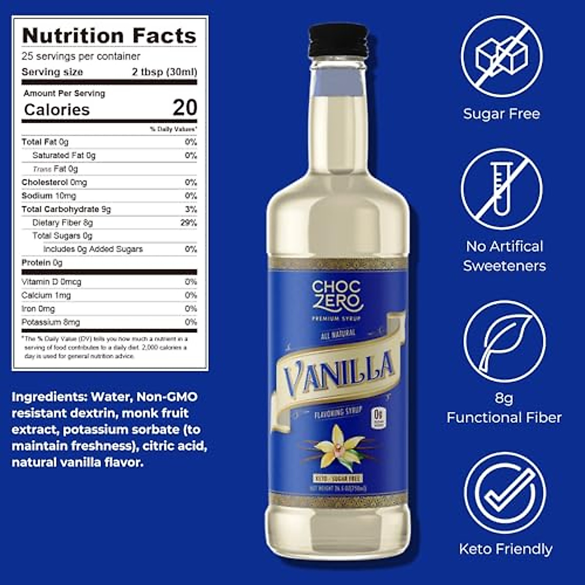ChocZero Sugar Free Vanilla Syrup for Coffee - Keto Flavoring Syrups - Low Calorie Simple Syrup for Flavored Drinks (26.5 ounce bottle/750ml)