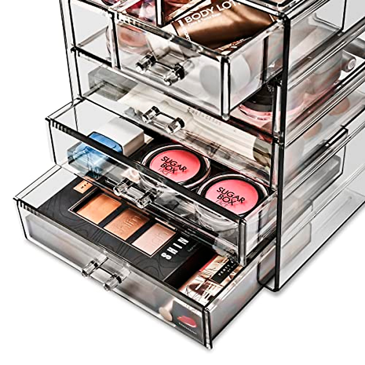 Sorbus Acrylic Clear Makeup Organizer - Big & Spacious Cosmetic Display Case - Stylish Designed Jewelry & Make Up Organizers and Storage for Vanity, Bathroom (4 Large, 2 Small Drawers - Black Jewel)