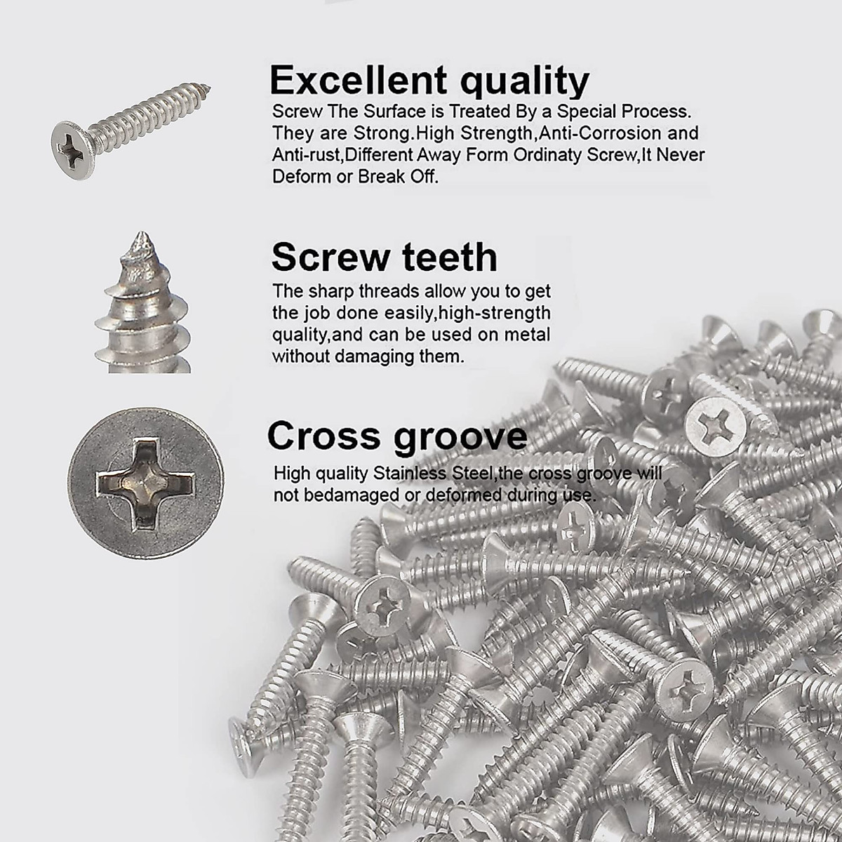 Hession Wood Screws Stainless Steel 304 Flat Head Phillips Drive Self Tapping Screw for Sheet Metal Thread Sharp Point 20pcs Pack (#8 x 5/8 inch)