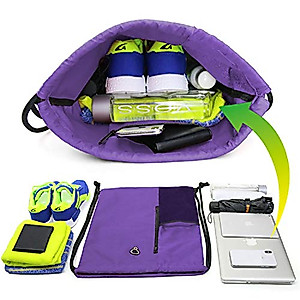 BeeGreen Drawstring Backpack Bag with Water Bottle Pocket &Two Zippered Pocket Large Cinch Sackpack for Unisex Dark Violet