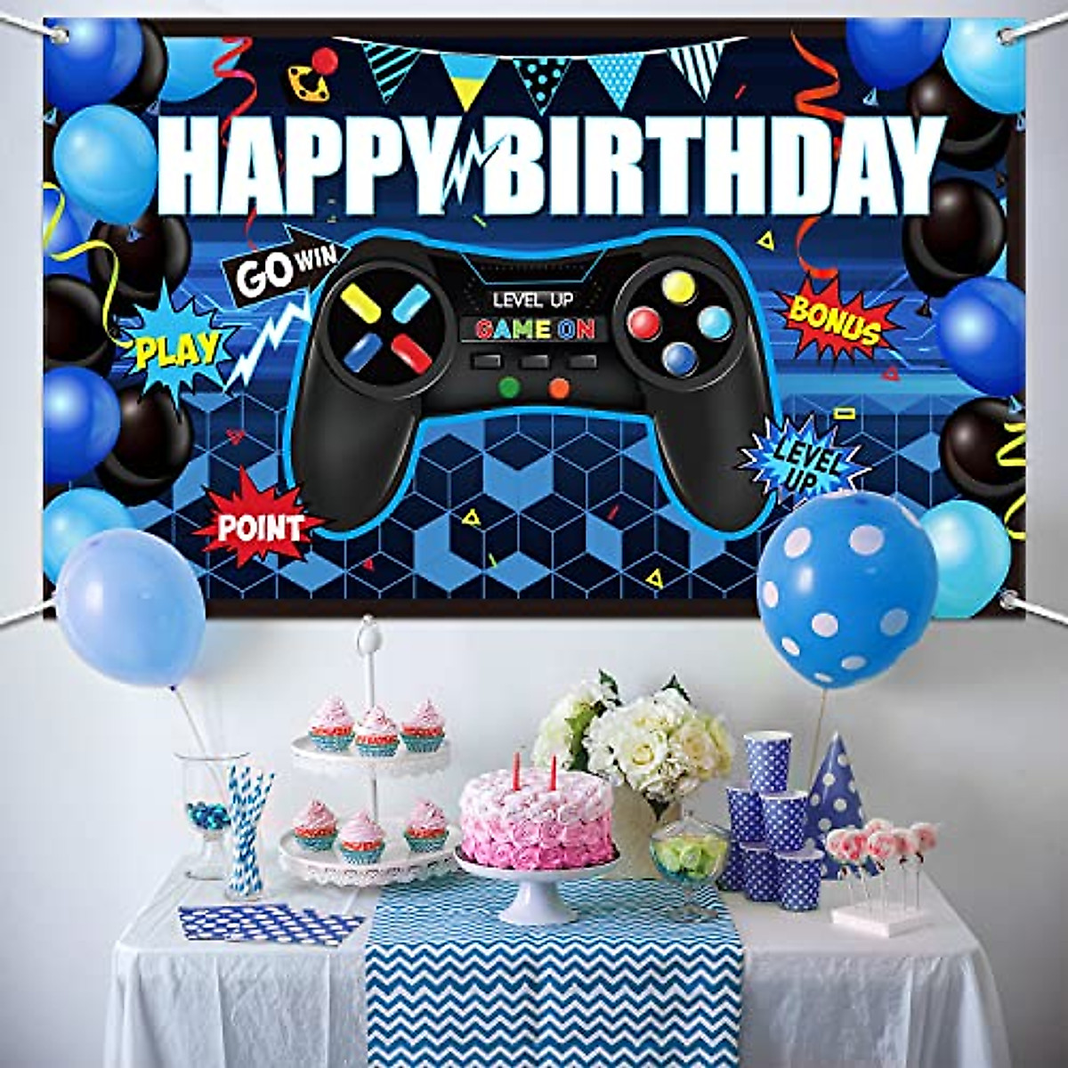 Video Game Happy Birthday Backdrop Game on Birthday Party Backdrop Banner Level up Gaming Theme Party Background Photo Props for Video Game Party Wall Decorations Supplies (Blue)