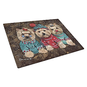 Caroline's Treasures PPP3291LCB Yorkshire Terrier Yorkie Christmas Elves Glass Cutting Board Large Decorative Tempered Glass Kitchen Cutting and Serving Board Large Size Chopping Board