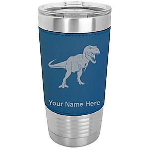 LaserGram 20oz Vacuum Insulated Tumbler Mug, Tyrannosaurus Rex Dinosaur, Personalized Engraving Included (Faux Leather, Blue)