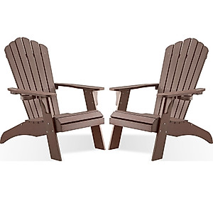 Psilvam Adirondack Chair, Oversized Poly Lumber Fire Pit Chair with Cup Holder, 350Lbs Support Patio Chairs for Garden, Weather Resistant Adirondack Chair Looks Like Real Wood (2, Brown)