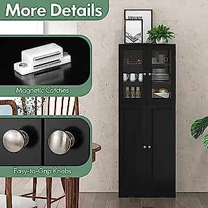 Giantex 63.5" Pantry Organizers and Storage, Freestanding Tall Storage Cabinet for Kitchen Bathroom Living Room Office, Wooden Utility Cupboard with Glass Doors & Shelves, 12.5"x24"x63.5" (Black)