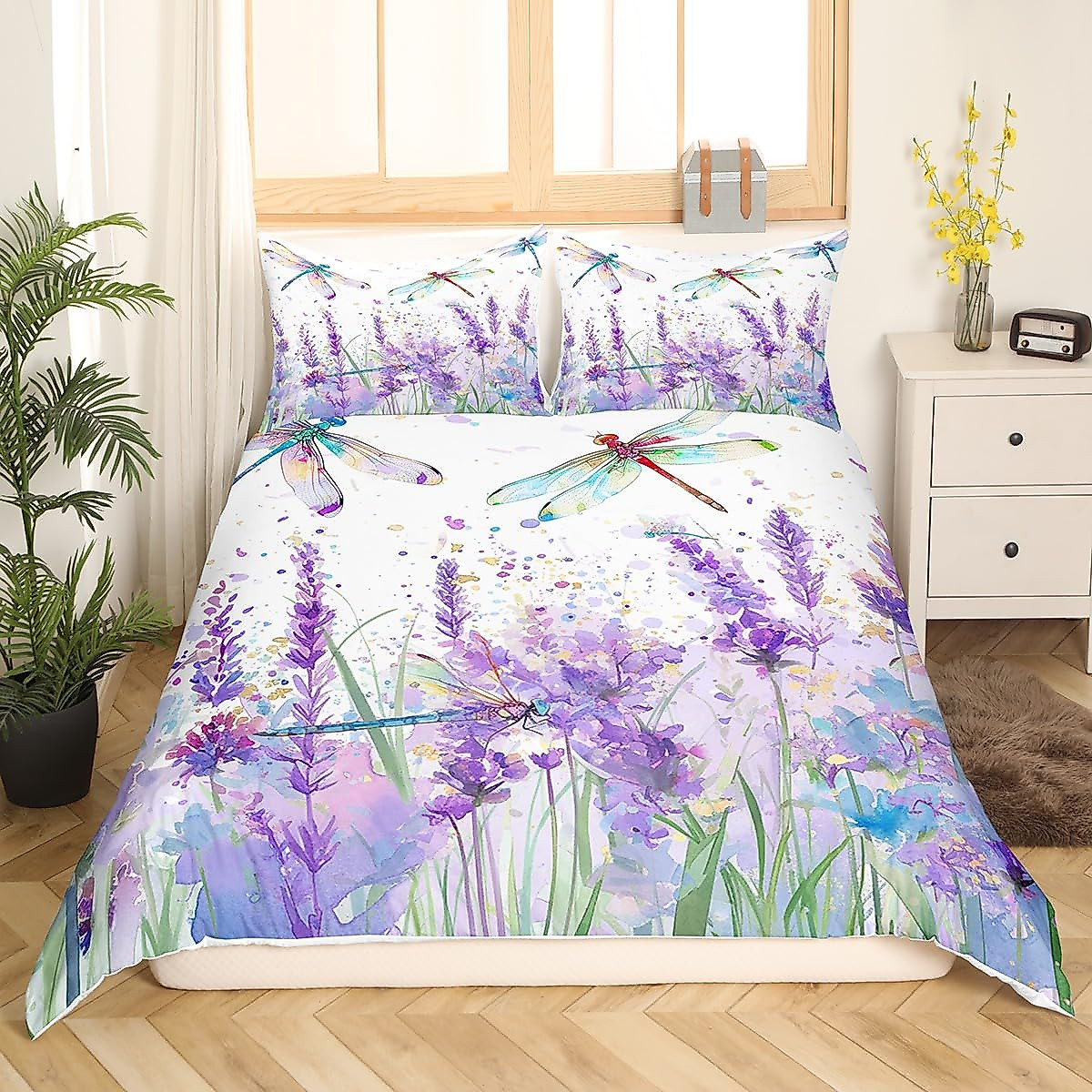 Feelyou Kids Twin Dragonfly Bedding Set Purple Lavender Duvet Cover Floral Dragonfly Comforter Cover for Kids Boys Girls Botanical Bedspread Cover Adult Bedroom Decor Zipper (No Comforter)