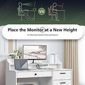 White Computer Desk with 4 Drawers, Modern Small White Desk with Large Storage Space & Hutch, Home Office Desk for Bedroom Small Spaces, White