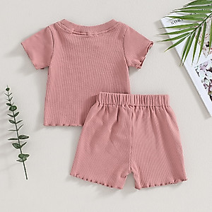 Kupretty 2Pcs Toddlers Baby Girls Summer Clothes Set Ruffle Ribbed Short Sleeves T-Shirt Tops Shorts Comfy Outfits (Pink, 18-24 Months)