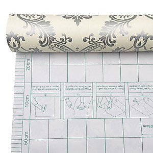 LovingWay Vintage Shelf Liner Self-Adhesive 17.7x177 Inch Drawer Covering PVC Paper Upgrade Old Furnitures Looking Grey Damask