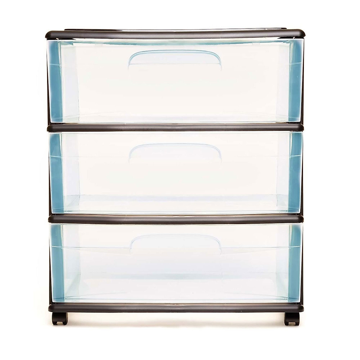 HOMZ Plastic 3 Drawer Wide Cart, Black Frame, Clear Drawers, 4 Casters included, Set of 1