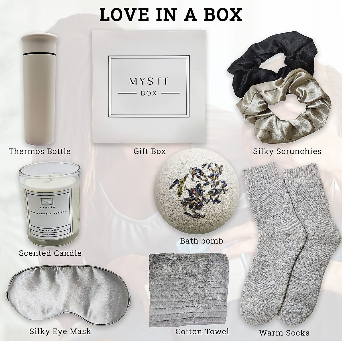 MysttBox Get Well Soon Gifts for Women – Deluxe Home SPA Gift Basket for Women Includes Bath Bomb, Insulated Thermos, Scented Candle – Thinking Of You Self Care Gift for Special Occasions