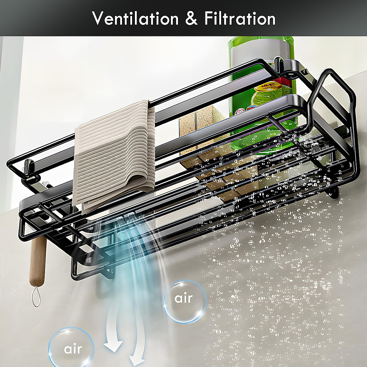 LBTING Sponge Holder for Kitchen Sink, Wall Mounted Sink Caddy with Self-Draining Drain Tray, Stainless Steel Kitchen Sink Caddy for Organizing Sponge, Brush, Soap Dish Dispenser – Black